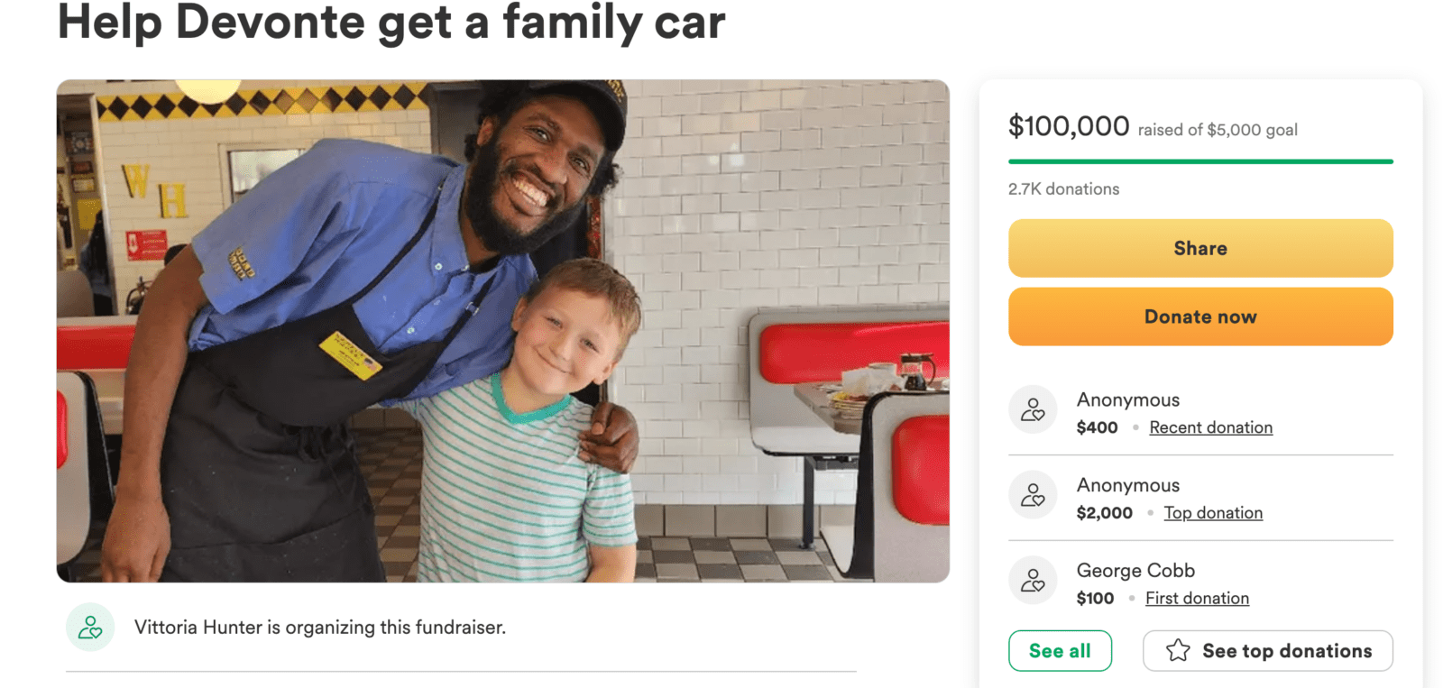 8-Year-Old Kayzen Hunter Raises $100K For His Favorite Waffle House Waiter