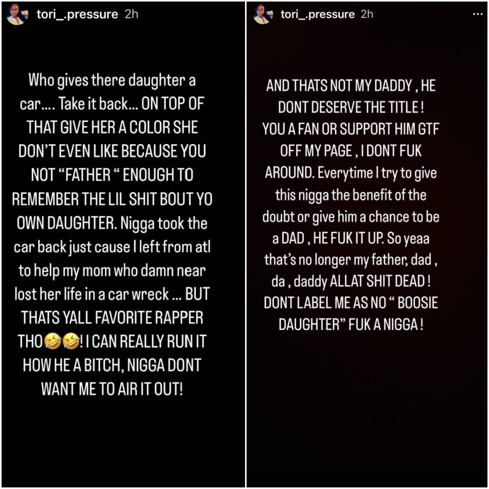 Boosie's Badazz Daughter Toriana Blasts Him For Taking Her Car